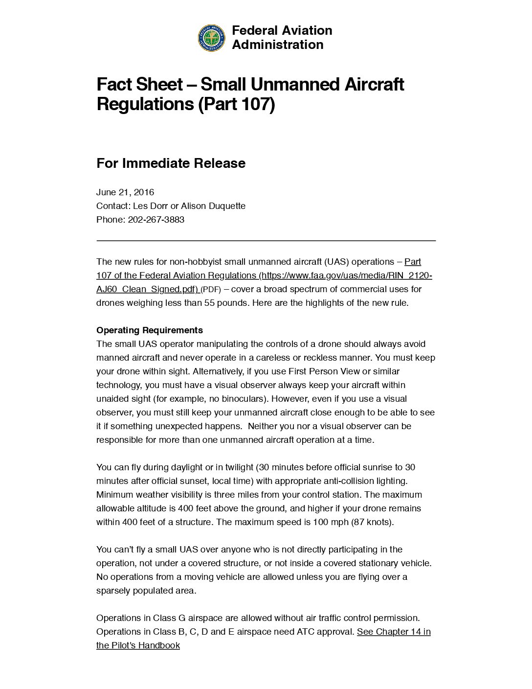 Fact Sheet – Small Unmanned Aircraft Regulations (Part 107) | Mile High ...
